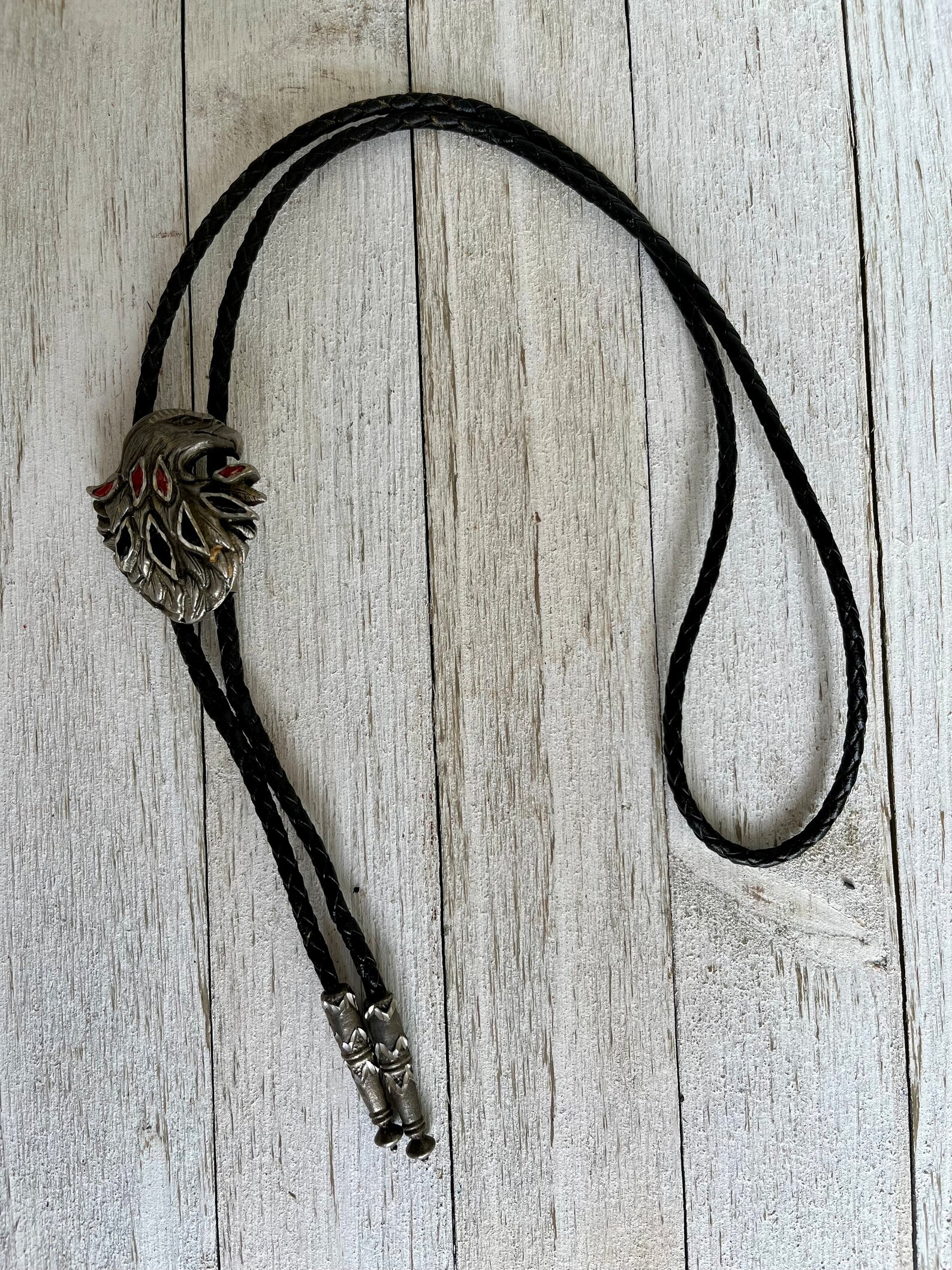 Vintage Eagle Bolo Tie Black Leather Strap Coral EJC Stamped Bolo Tie ...