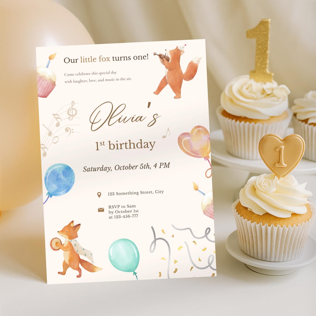 Fox 1st Birthday Invitation: Pastel Watercolor, Editable Canva Template ...