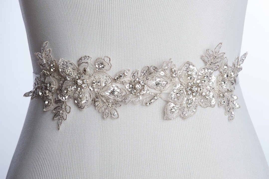 Kara Bridal Lace Sash, Crystal Lace Sash, Wedding Dress Sash, Fitted ...