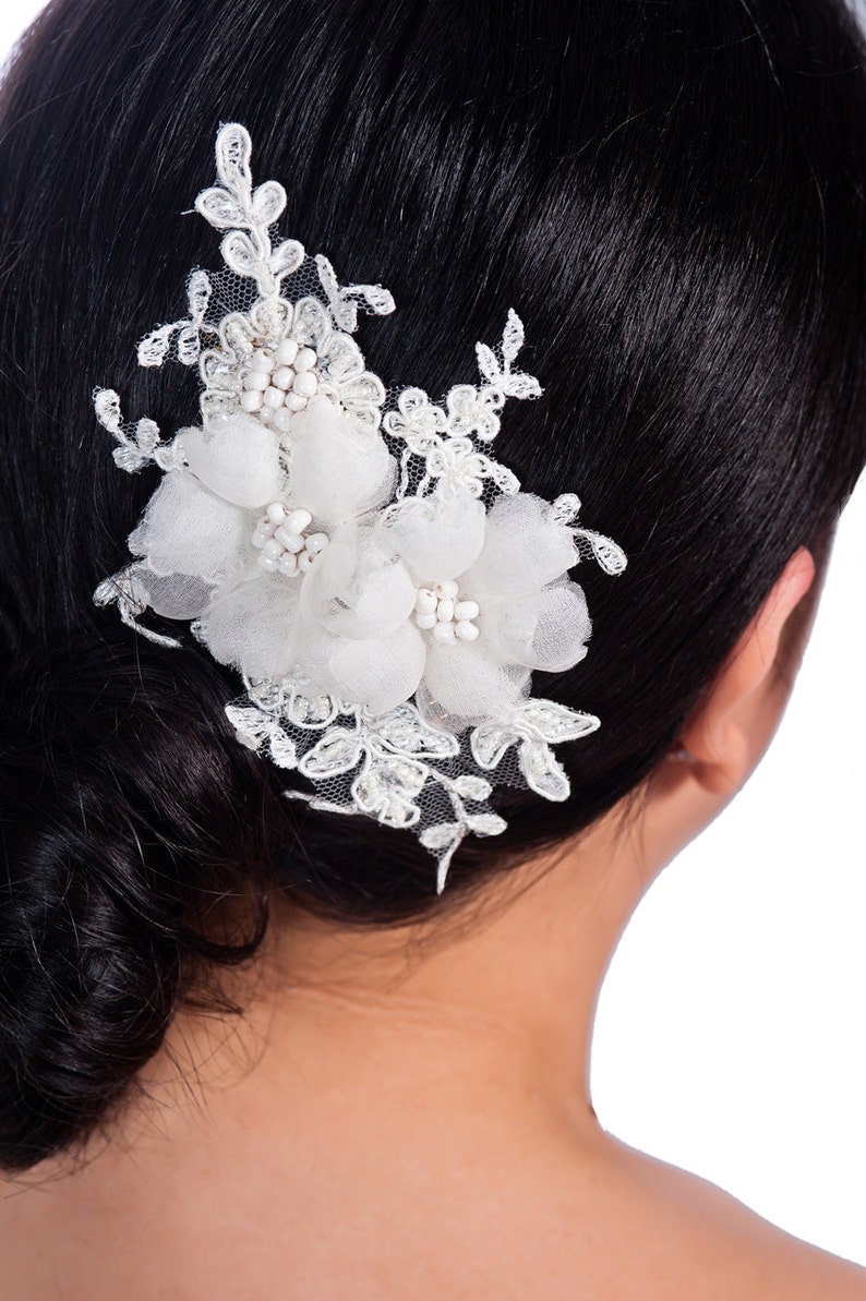 Bridal Headpiece With Beaded Silk Flowers and Lace | Wedding Flower ...