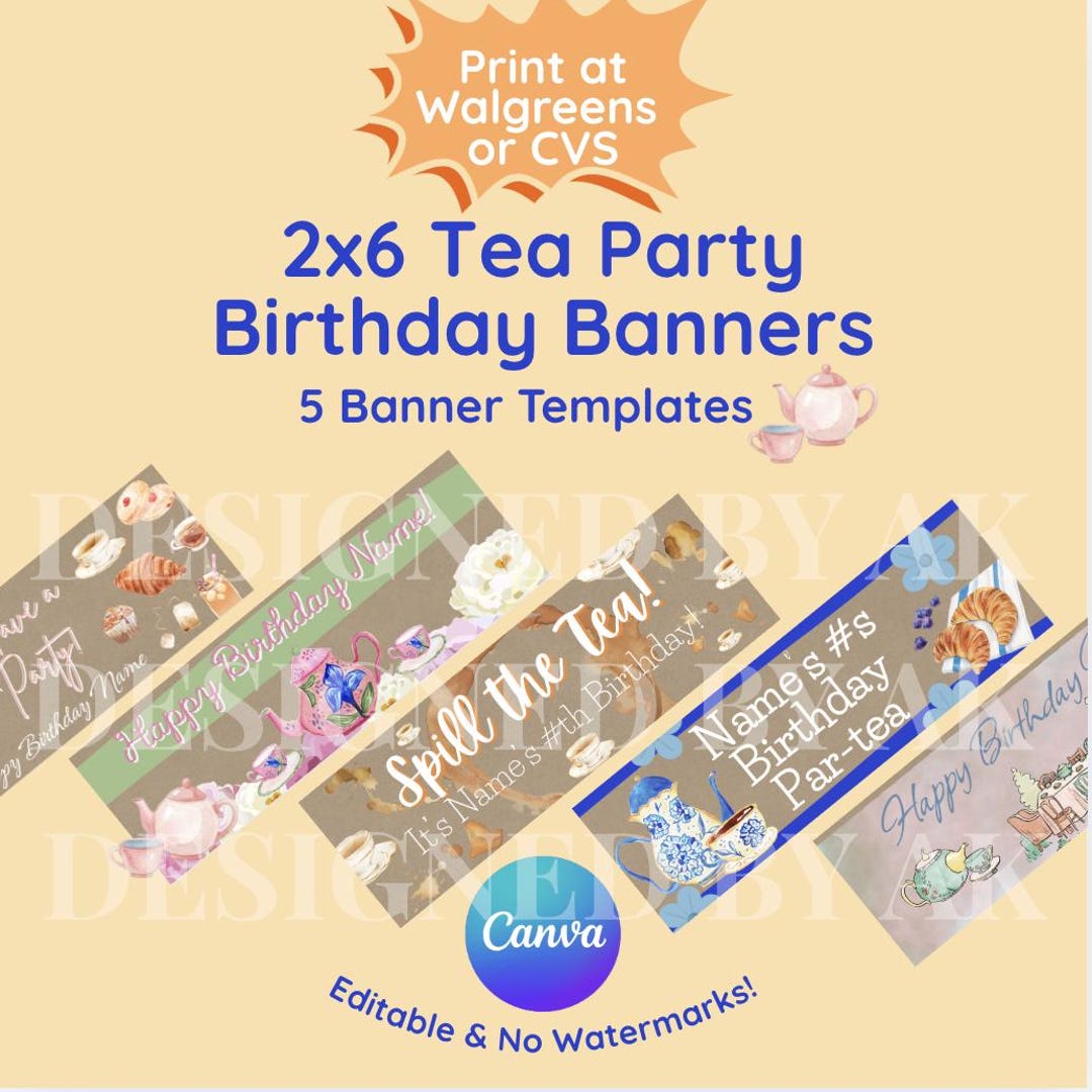 5 Digital 2x6 Tea Party Banners (no Watermarks) - Etsy