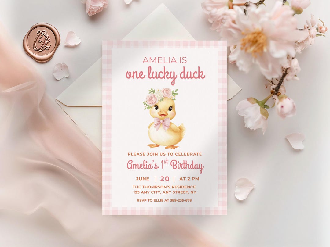 One Lucky Duck Girl Birthday Invite, Editable Duck Girl First Birthday ...