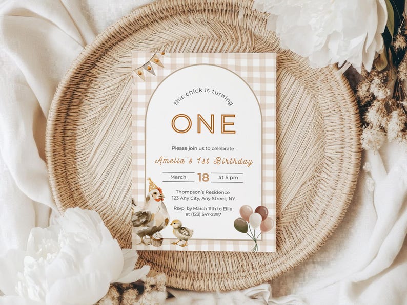 This Chick is One Birthday Invitation, Chicken First Birthday Girl ...
