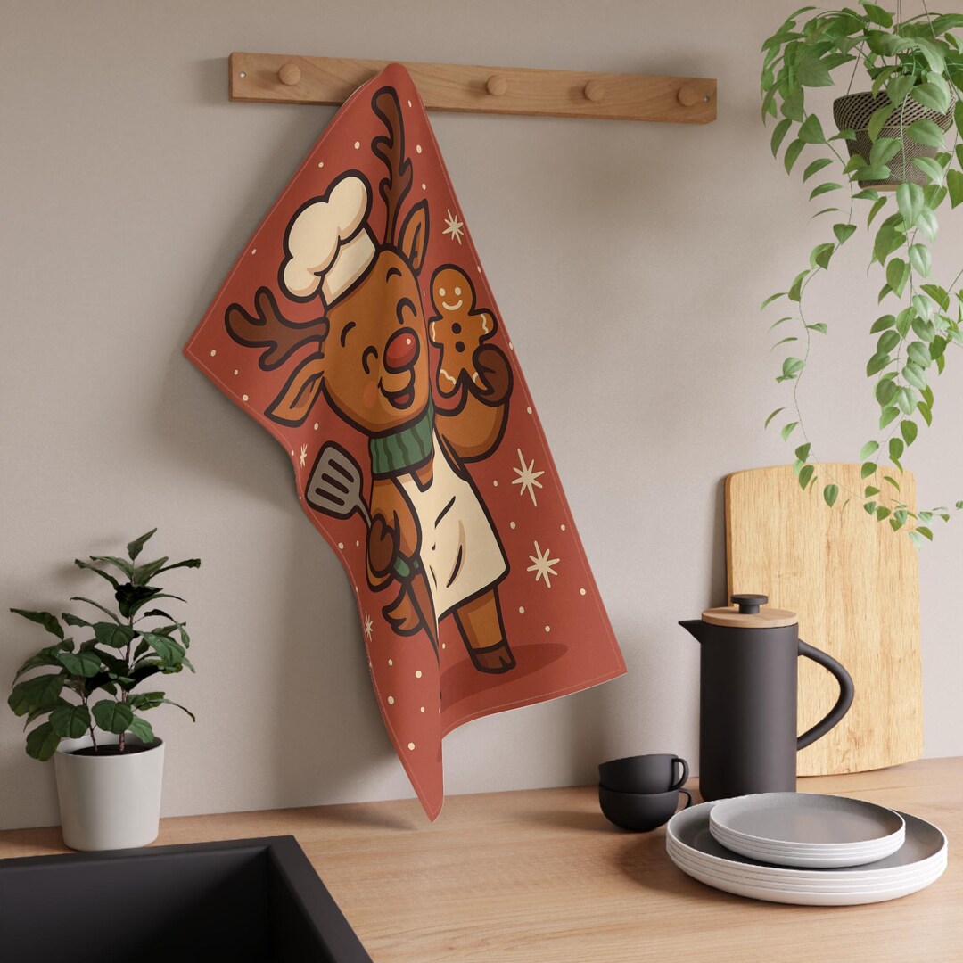 Chef Reindeer Gingerbread Tea Towel | Christmas Kitchen Towel | Festive ...