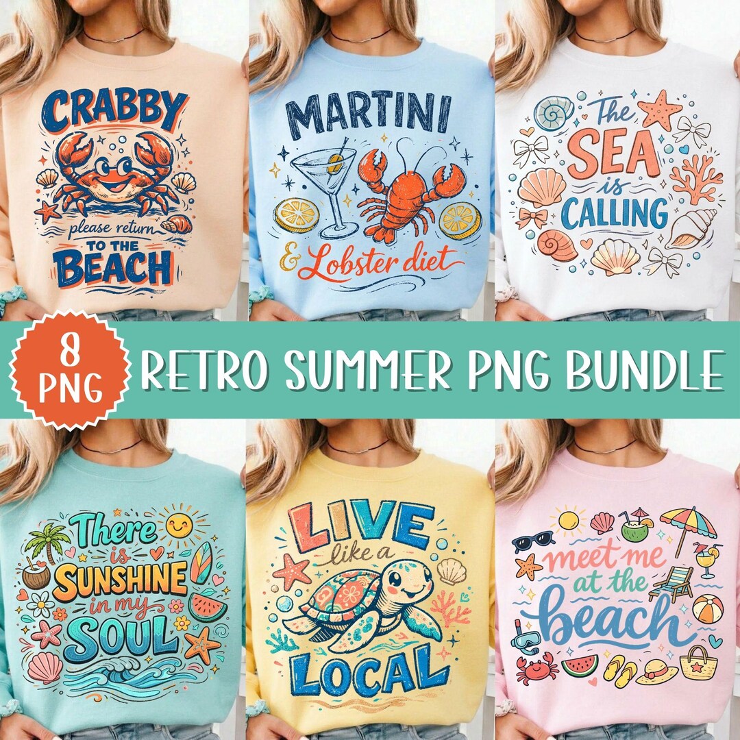 Retro Summer PNG Bundle, Coastal Blue Pink Clipart Bundle Retro Summer ...
