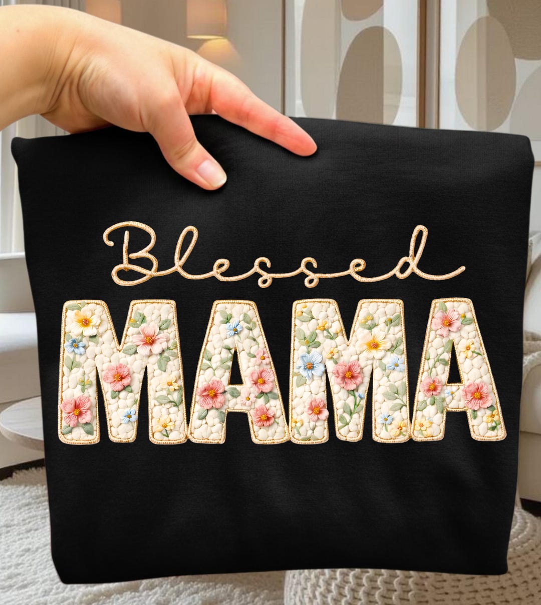Blessed Mama Faux Yarn Png, Floral Blessed Mama Png, Floral Mom Knitted ...