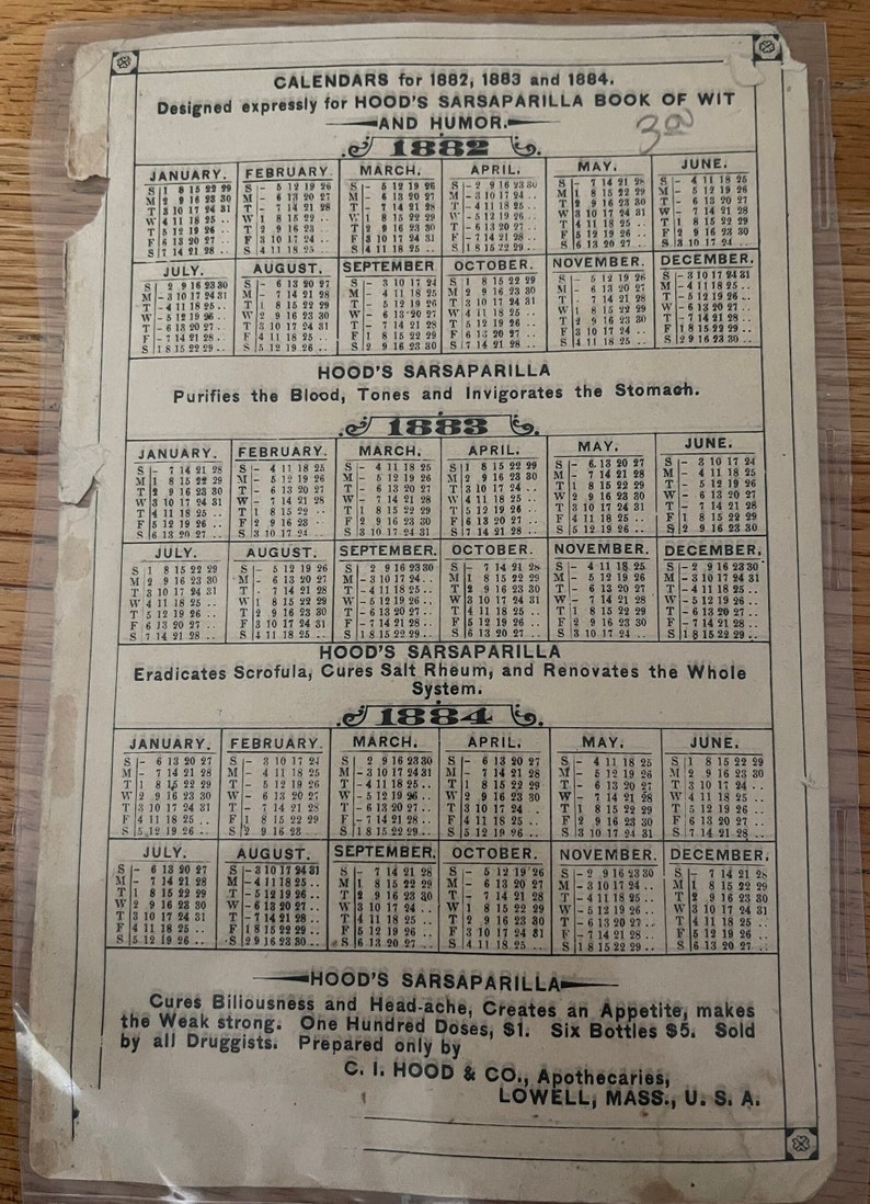 Vintage Multi-year Calendar (1882-1884) From Hoods Sasparilla - Etsy