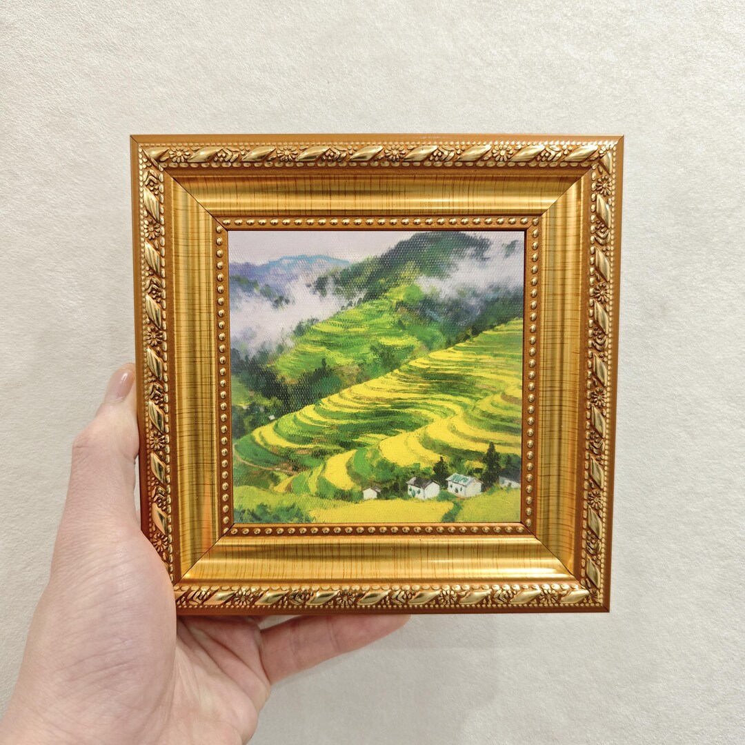 Hand-painted Terraced Rice Fields Oil Painting, Mini Framed Canvas Art ...