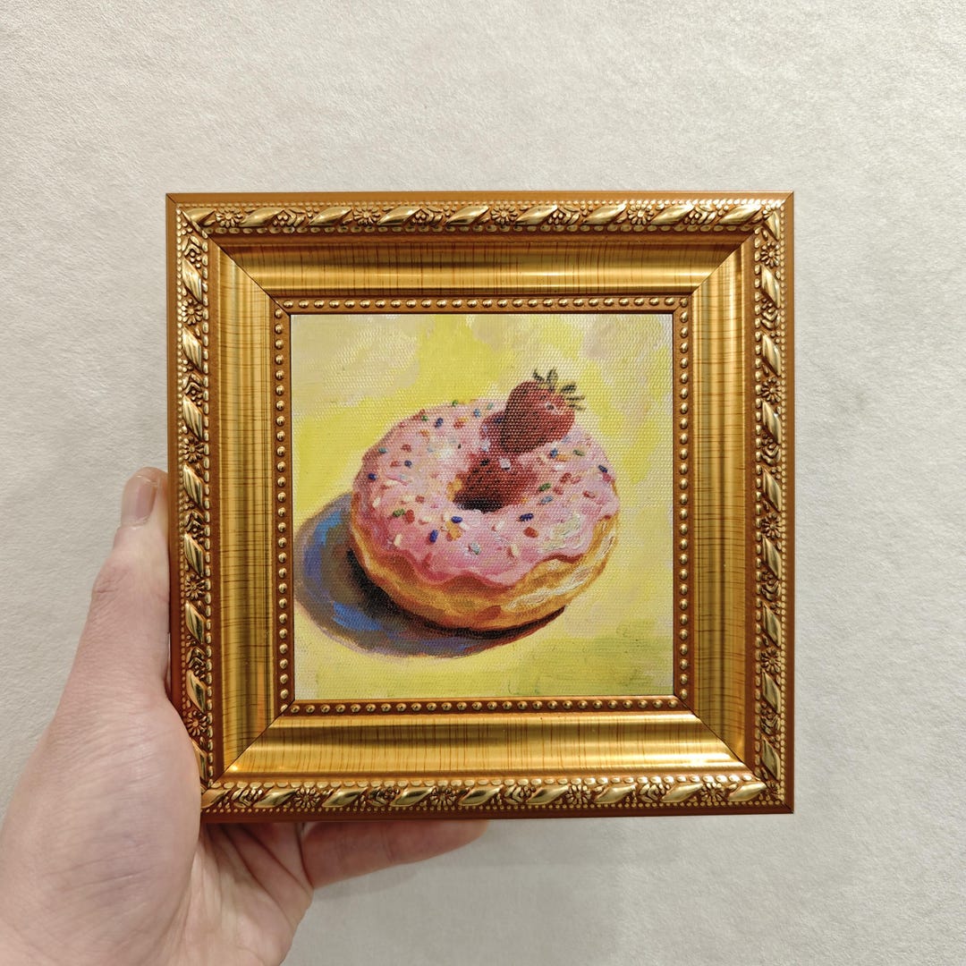 Original Donut Oil Painting, Framed Mini Canvas Art, Strawberry ...