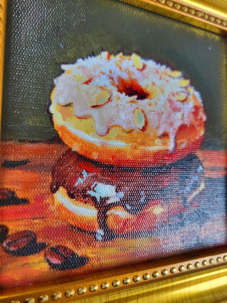 Original Hand-painted Donut Oil Painting, Small Framed Dessert Still ...
