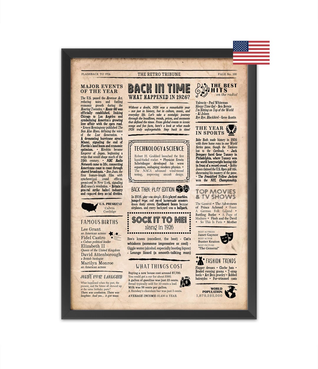 100th Birthday Newspaper Poster | Year in Review Gift | Back in 1926 ...