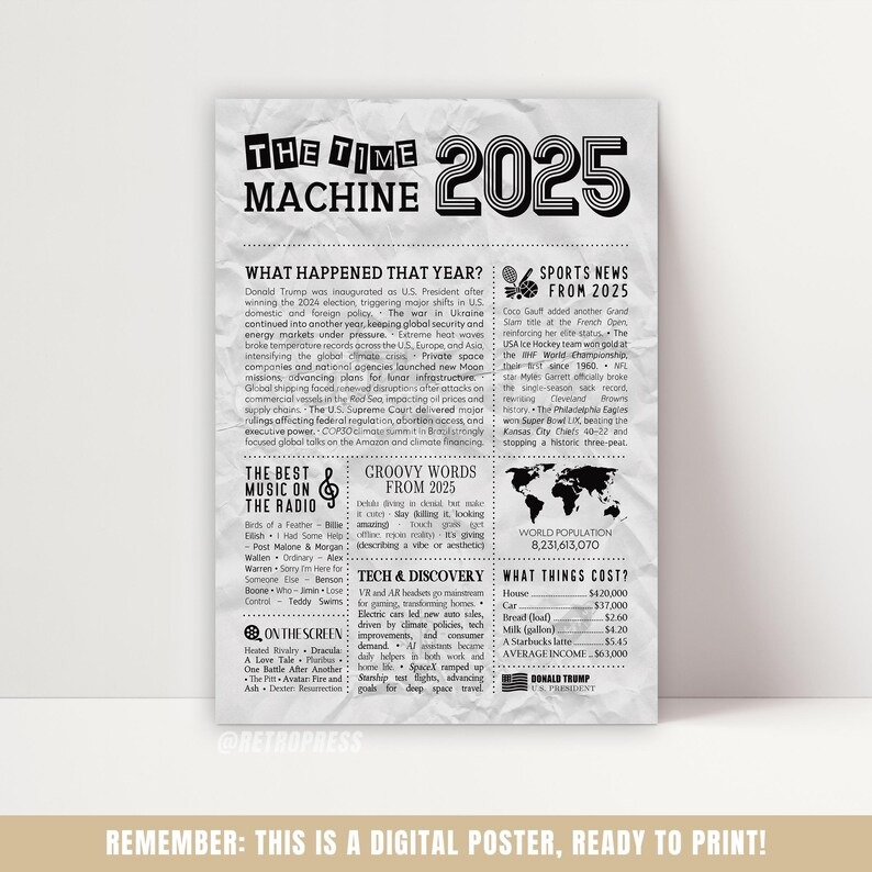 2025 Newspaper Poster, Trivia, Back in 2025, Fun Facts, 1st Birthday ...