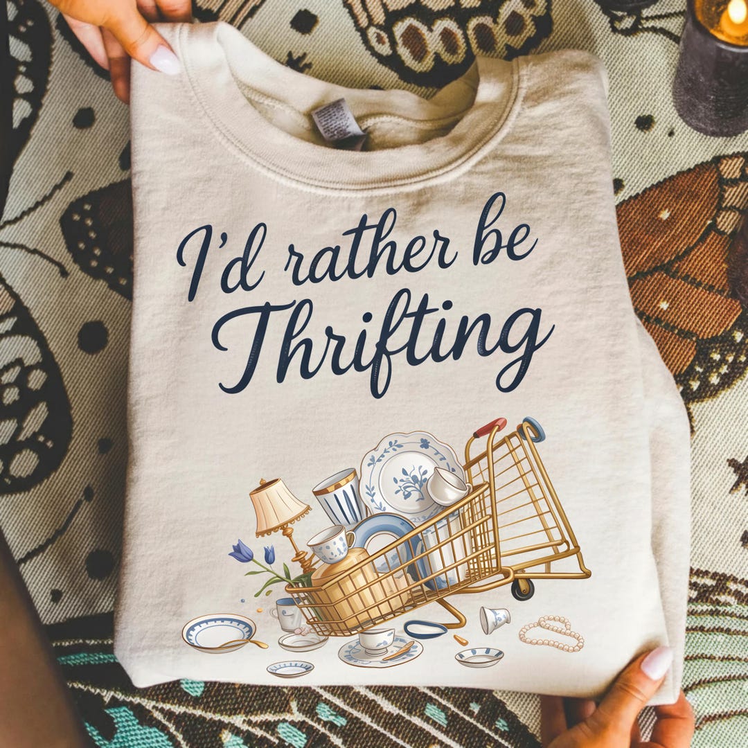 Funny I’d Rather Be Thrifting PNG Gift Design, Blue and Gold Vintage ...