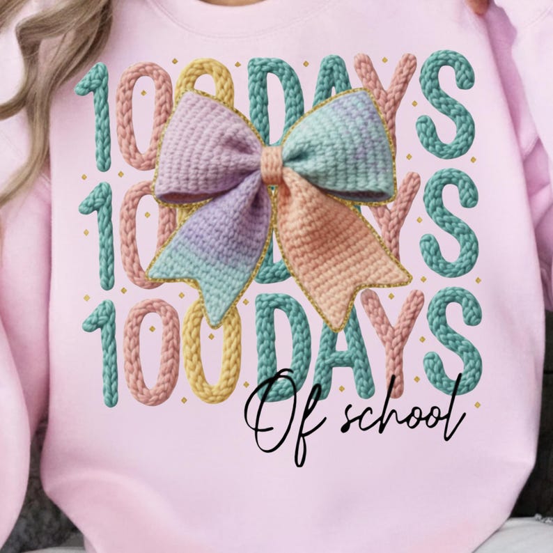 100 Days of School Faux Crochet Yarn Png, Coquette Bow Design, Teacher ...