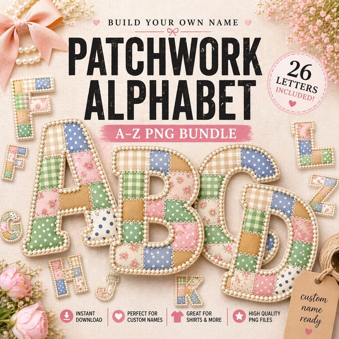 Patchwork Alphabet PNG, Coquette Letters A-Z Bundle, Faux Quilted ...