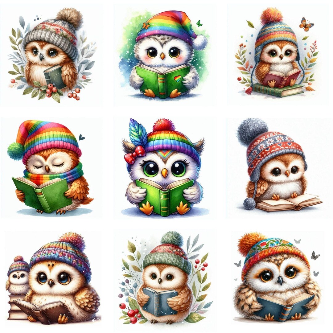 Cute Owl Reading Book Png Bundle, Winter Owl Clipart, Kawaii Owl Png ...