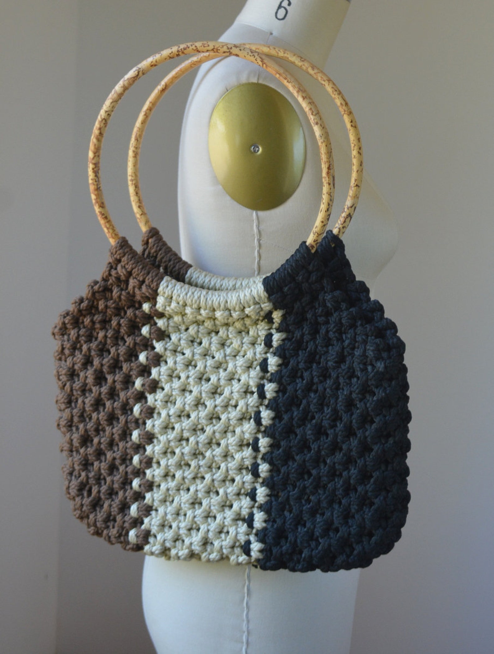 1980's Vintage Tri Colored Handmade Macrame Handbag With Double Handles ...