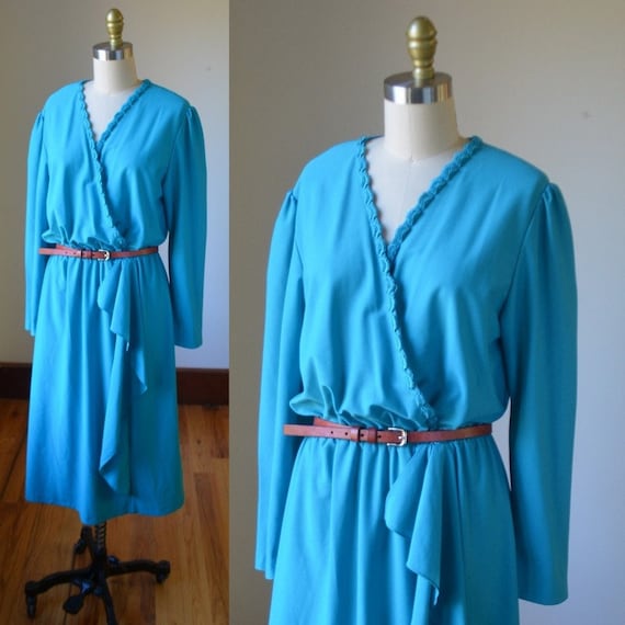 80's Aqua Blue Vintage Blouson Style Dress With Cinch… - Gem