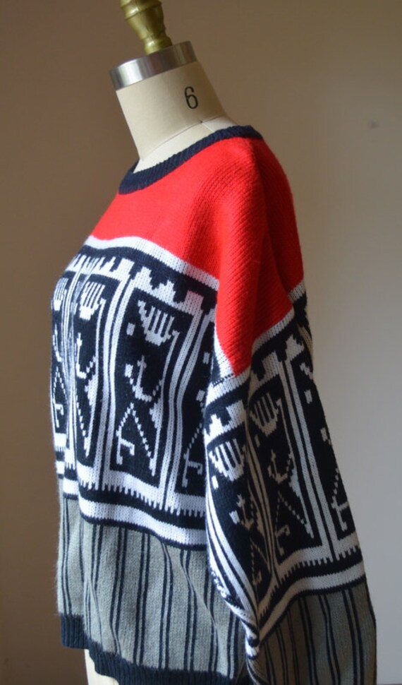 Vintage Bright Red And Black Geometric Sweater Size M… - Gem