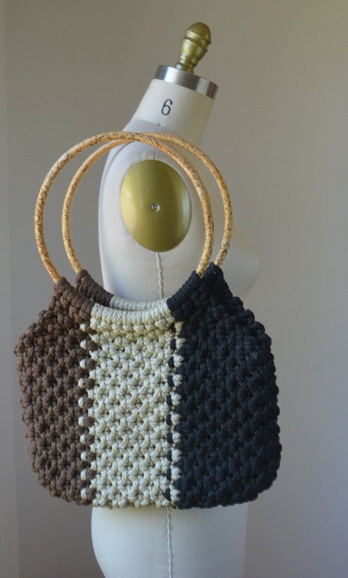 1980's Vintage Tri Colored Handmade Macrame Handbag With Double Handles ...