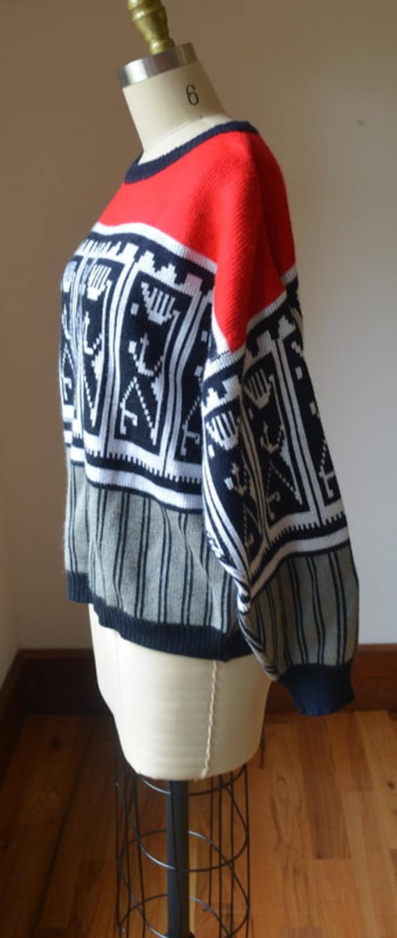Vintage Bright Red And Black Geometric Sweater Size M… - Gem