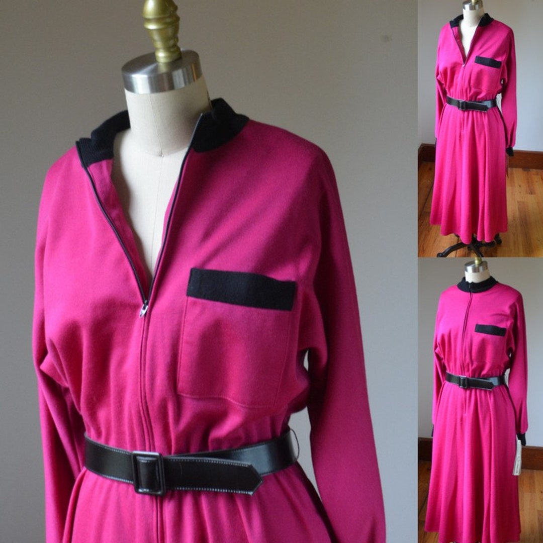 1980's Long Sleeve Bright Pink Wool Dress With Zipper Detail Size 6/8 ...