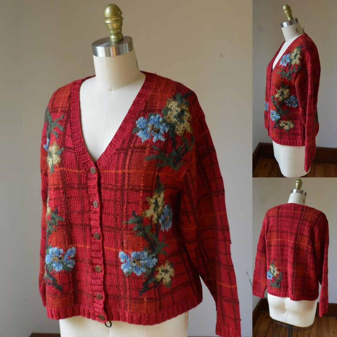 90's Vintage Hand Knit Floral Cardigan Women's Size Petite Small ...