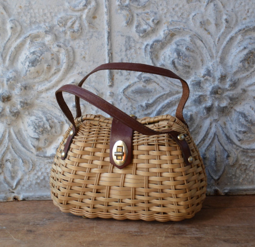 Vintage Brown Rattan Mini Basket Purse With Interior Print, Vintage ...