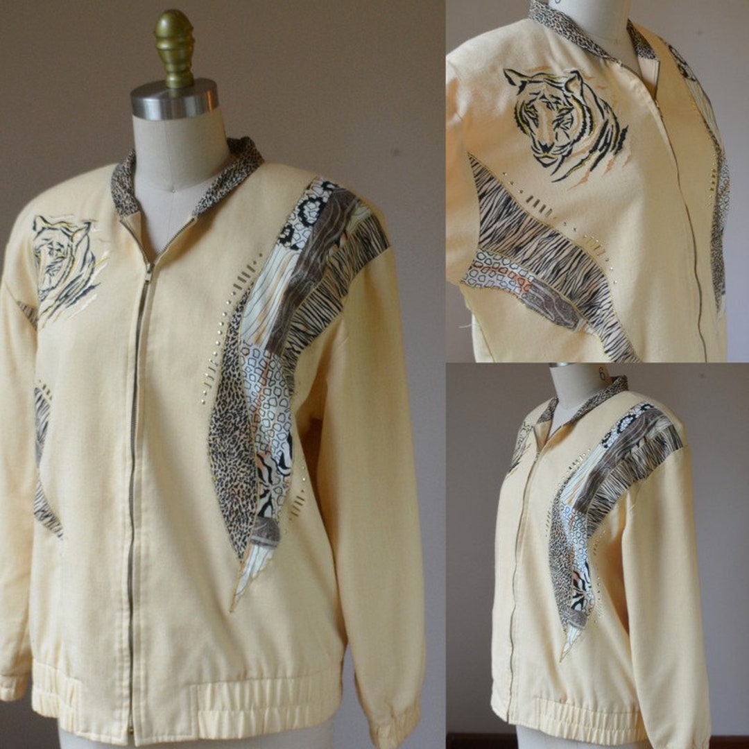 1990's Pale Yellow Zip up Jacket With Animal Print Theme Size Small ...