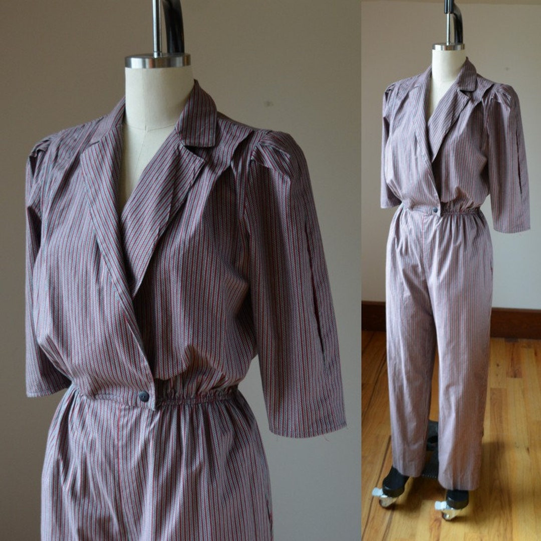 1980's Red Striped Full Jumpsuit With Deep V Neck and Tapered Leg Size ...