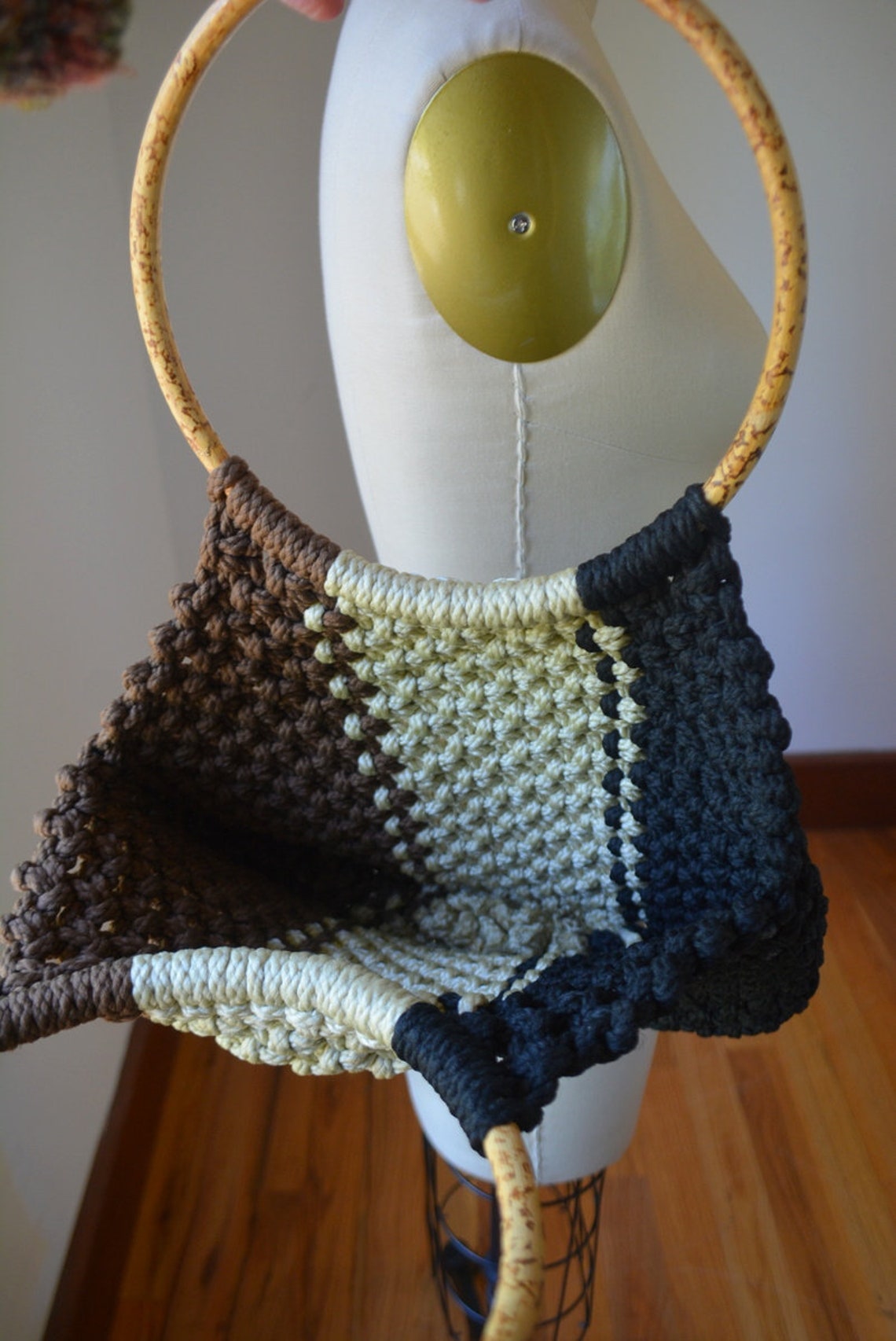 1980's Vintage Tri Colored Handmade Macrame Handbag With Double Handles ...