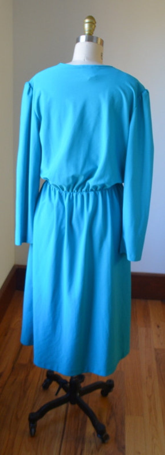 80's Aqua Blue Vintage Blouson Style Dress With Cinch… - Gem