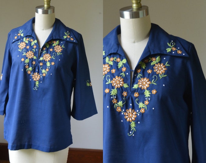 1970's Blue Floral Embroidered Tunic With Bell Sleeves Size Small ...