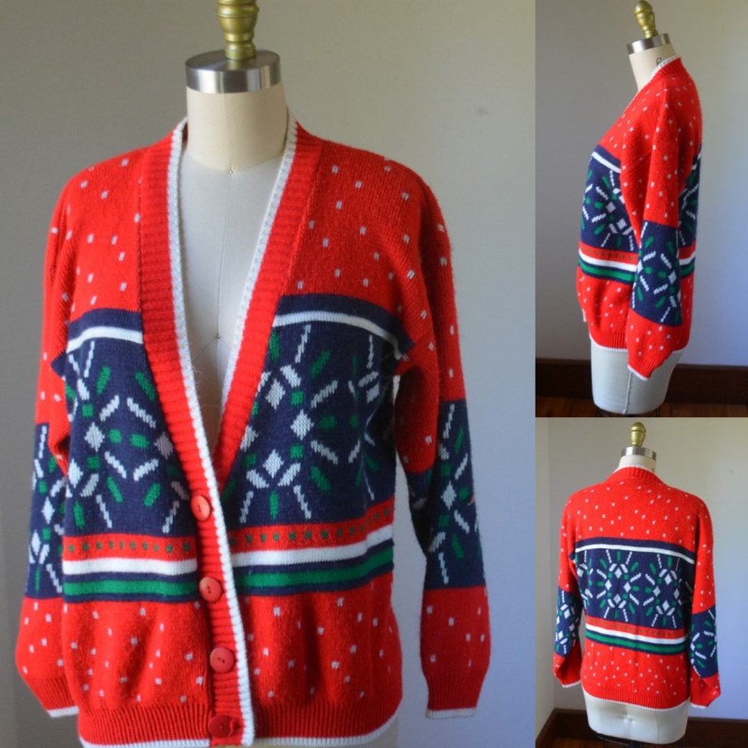 90's Red Winter Themed Cardigan by Cabin Creek Size Small, Vintage Red ...