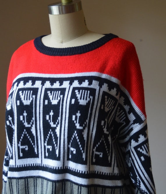 Vintage Bright Red And Black Geometric Sweater Size M… - Gem