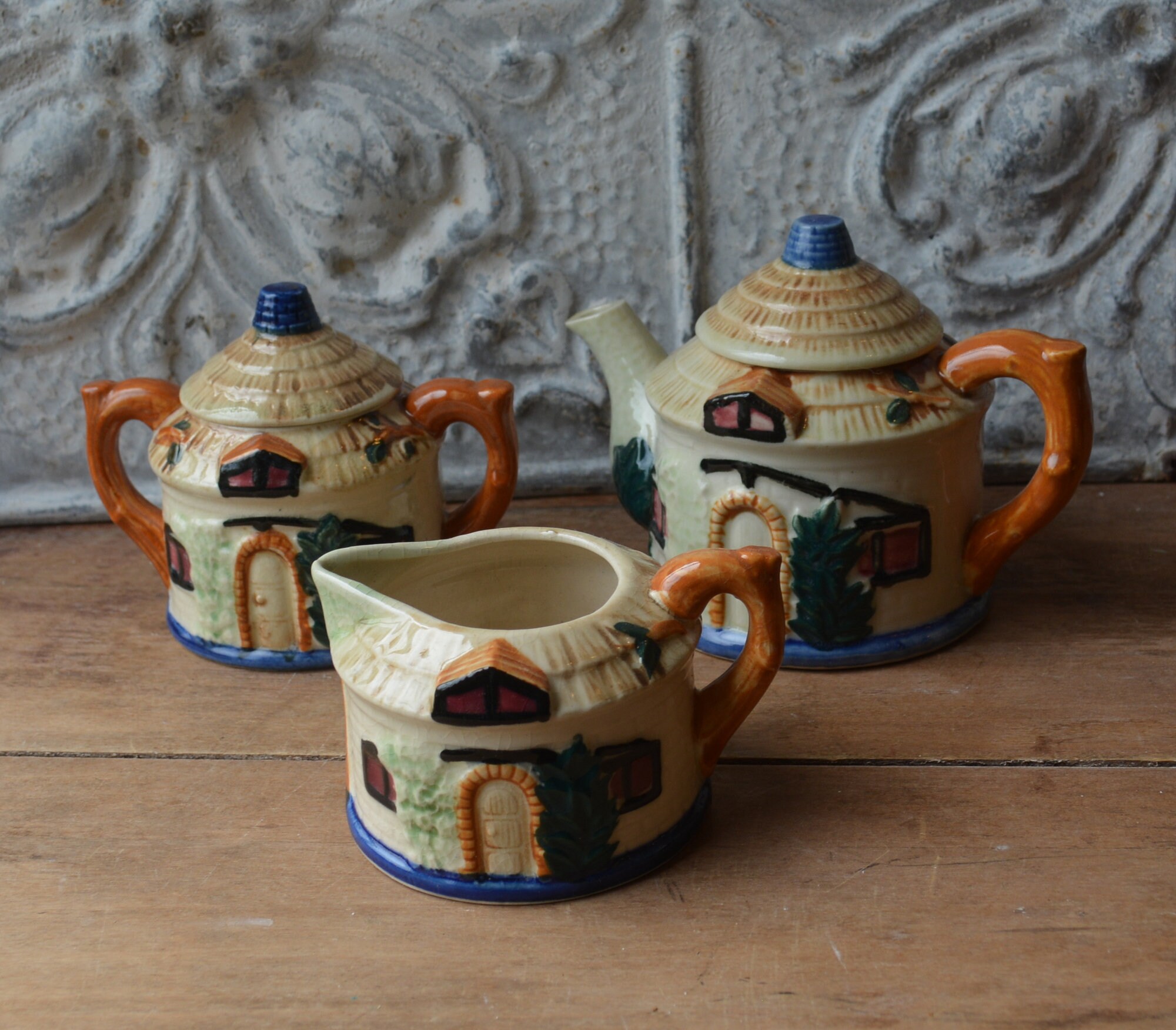 Vintage Porcelain Tea Pot, Creamer and Sugar Bowl, Vintage Five Piece ...