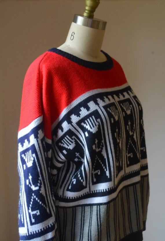 Vintage Bright Red And Black Geometric Sweater Size M… - Gem
