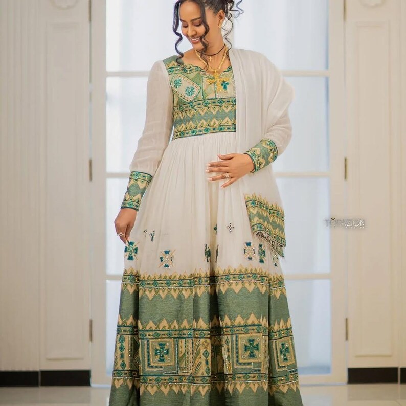 Handwoven Ethiopian Wedding Outfit: Habesha Kemis With Tibeb Embroidery ...