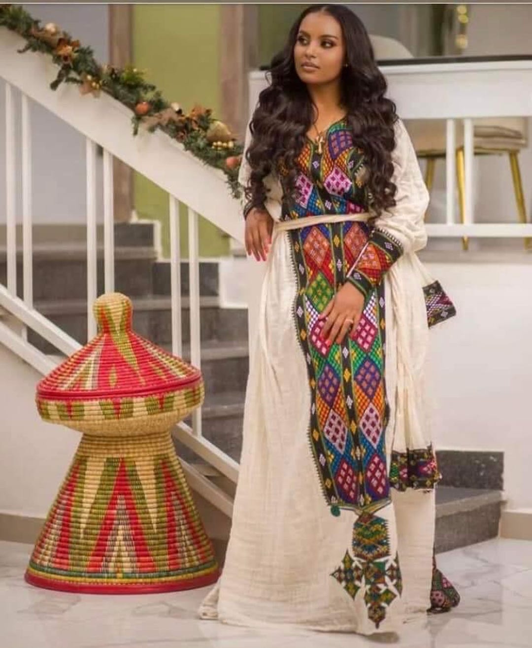 Handwoven Ethiopian Cotton Dress: Habesha Kemis With Tibeb Embroidery ...
