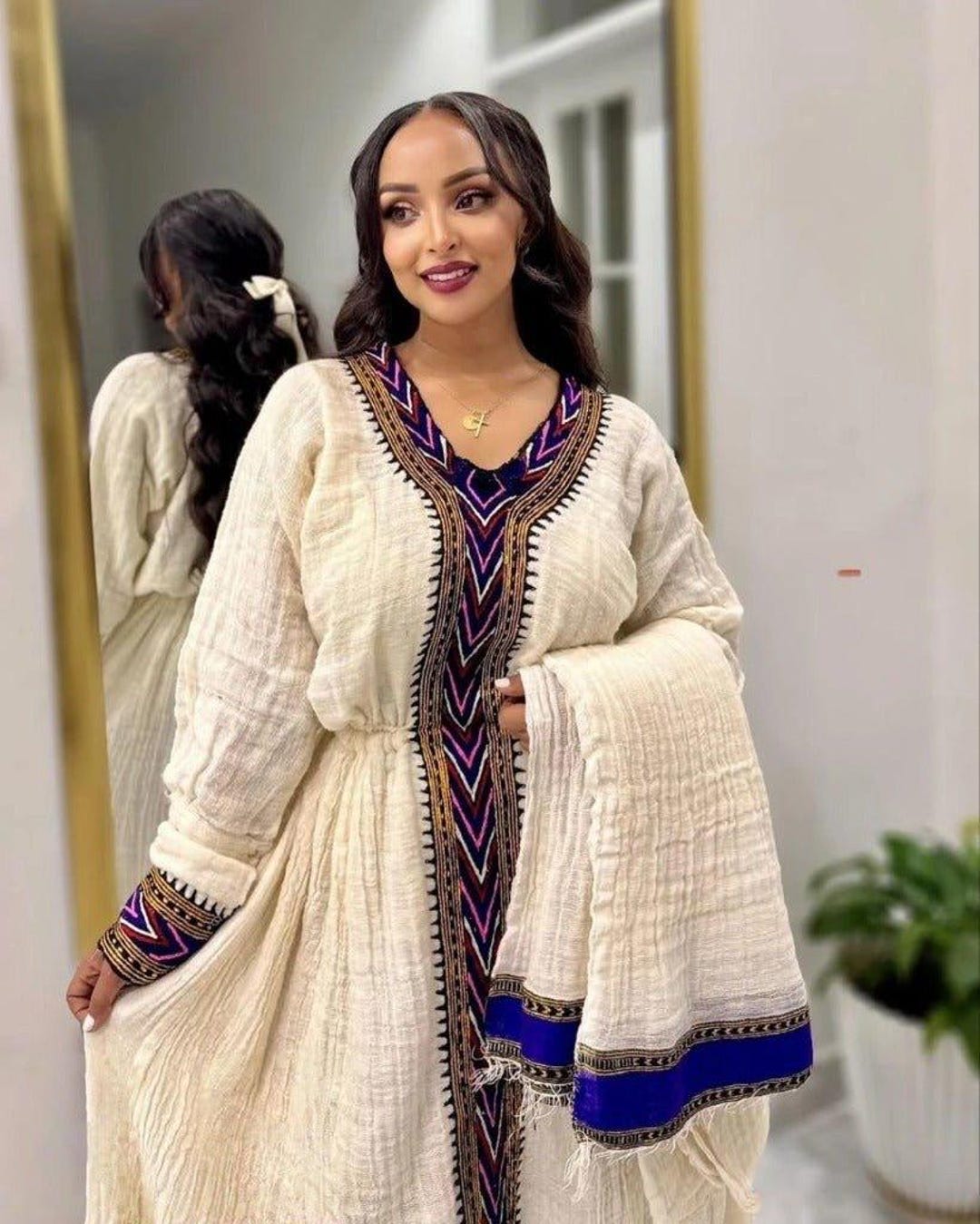 Handwoven Ethiopian Cotton Dress: Axum Kemis With Tibeb Embroidery - Etsy