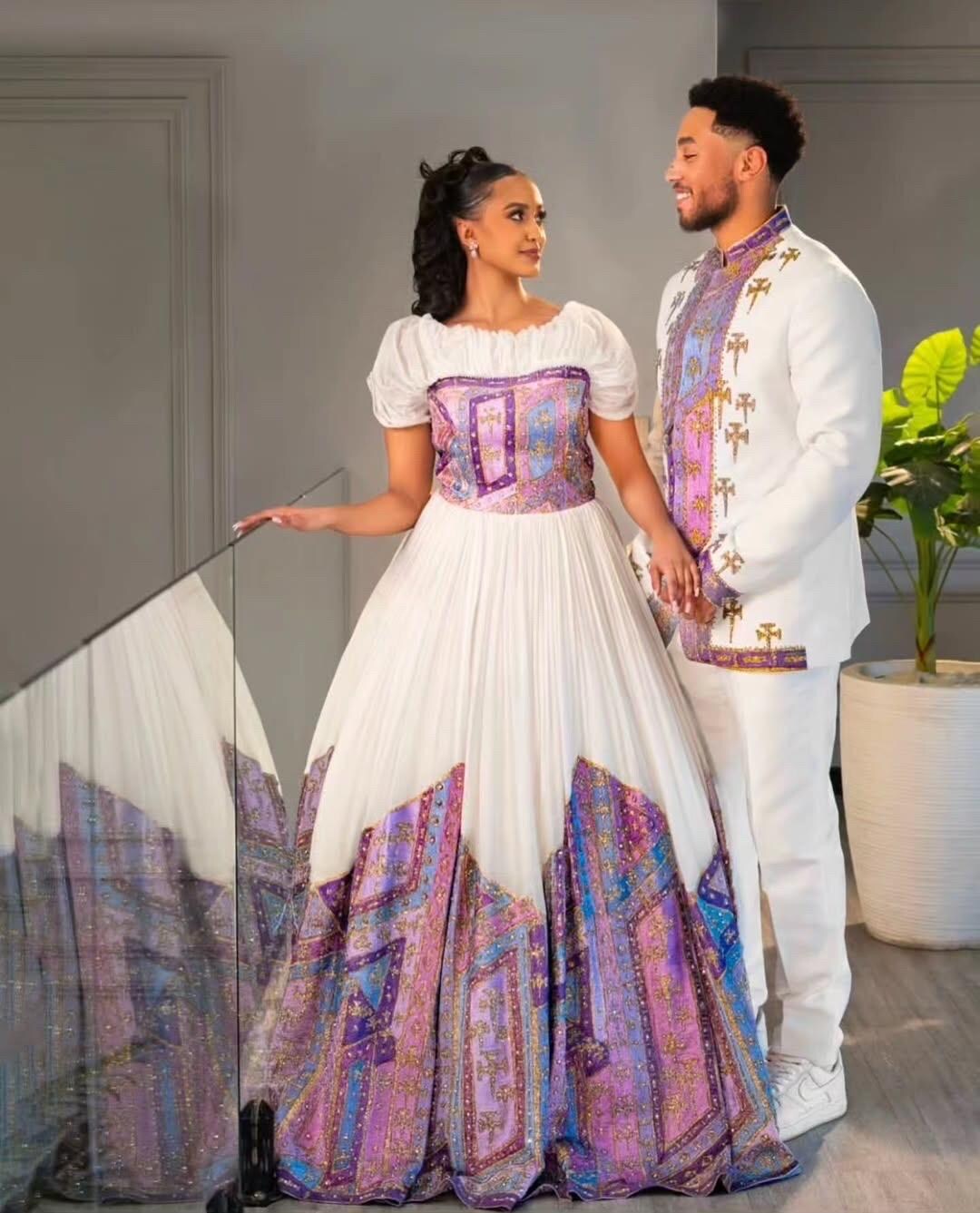 Handwoven Ethiopian Wedding Outfit: Habesha Kemis With Tibeb Embroidery ...