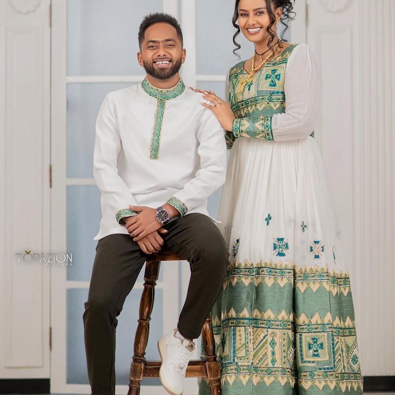 Handwoven Ethiopian Wedding Outfit: Habesha Kemis With Tibeb Embroidery ...