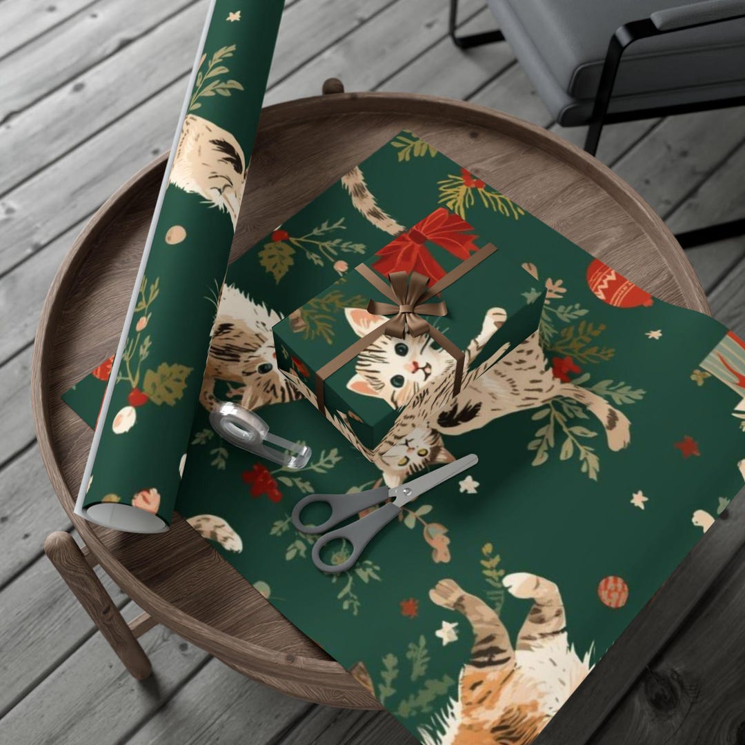 Playful Christmas Cats Gift Wrap Paper | Holiday Cat Pattern Wrapping ...