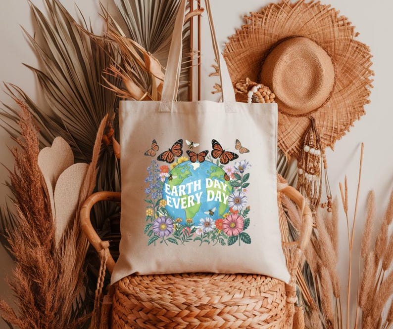 Earth Day Tote Bag • Floral Planet Illustration, Reusable Canvas ...
