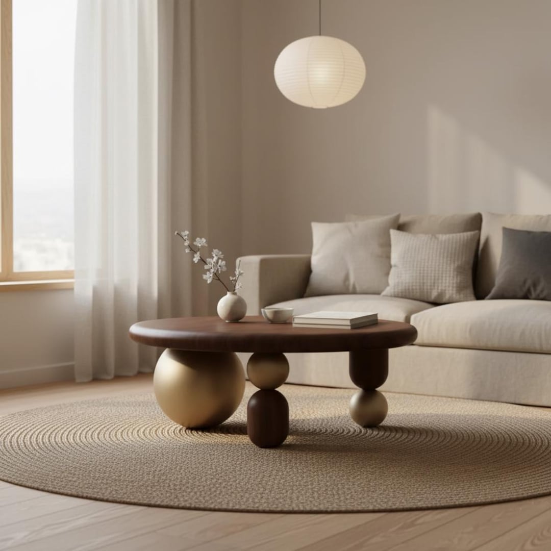 Modern Sculptural Coffee Table - Round Walnut Top and Matte Gold Ball ...