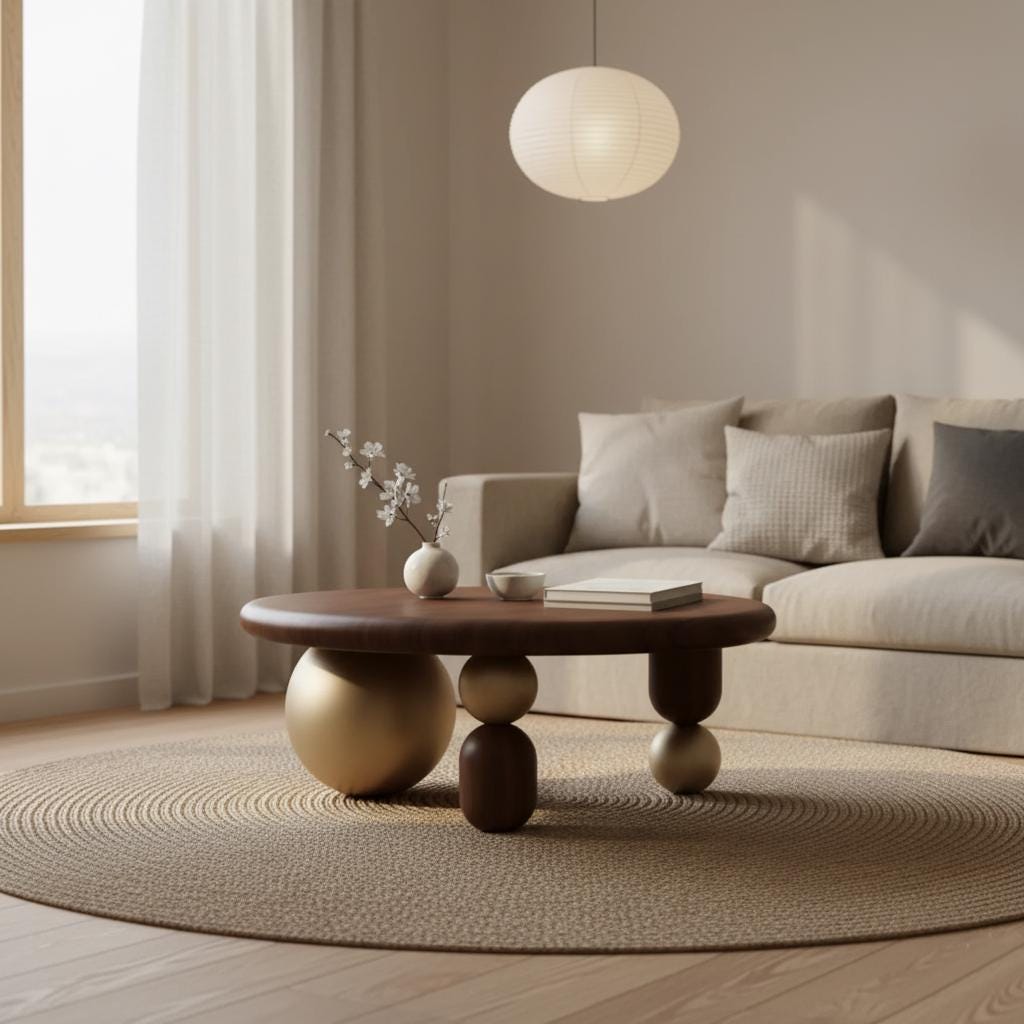 Modern Sculptural Coffee Table - Round Walnut Top and Matte Gold Ball ...