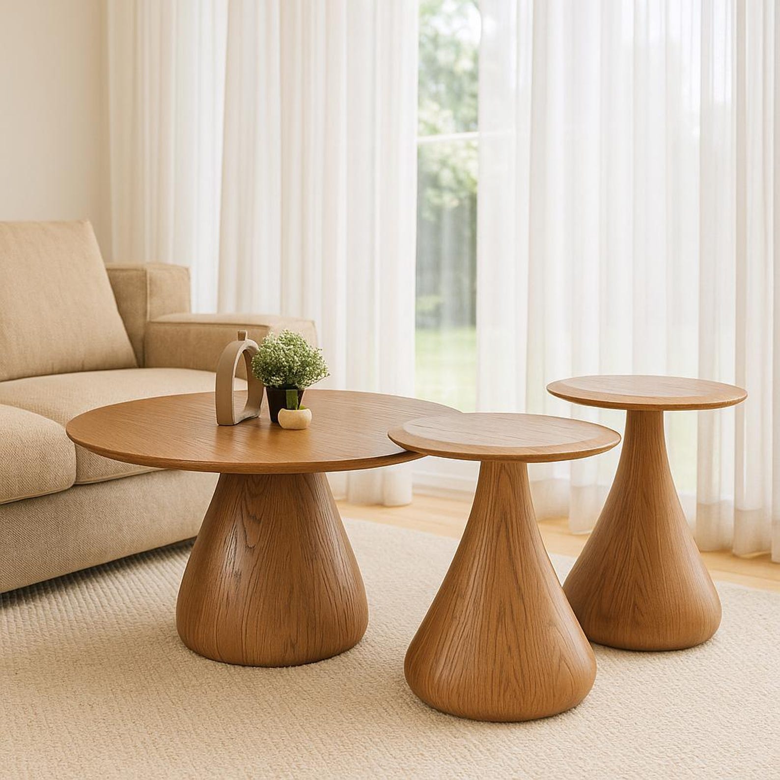 Handmade Natural Oak Coffee Table Set: Minimalist Solid Wood Round ...