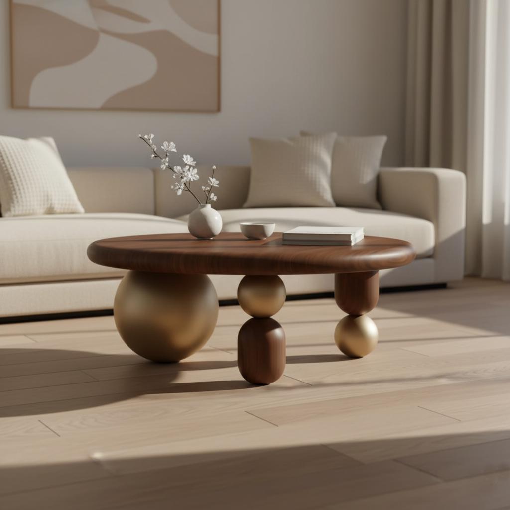 Modern Sculptural Coffee Table - Round Walnut Top and Matte Gold Ball ...