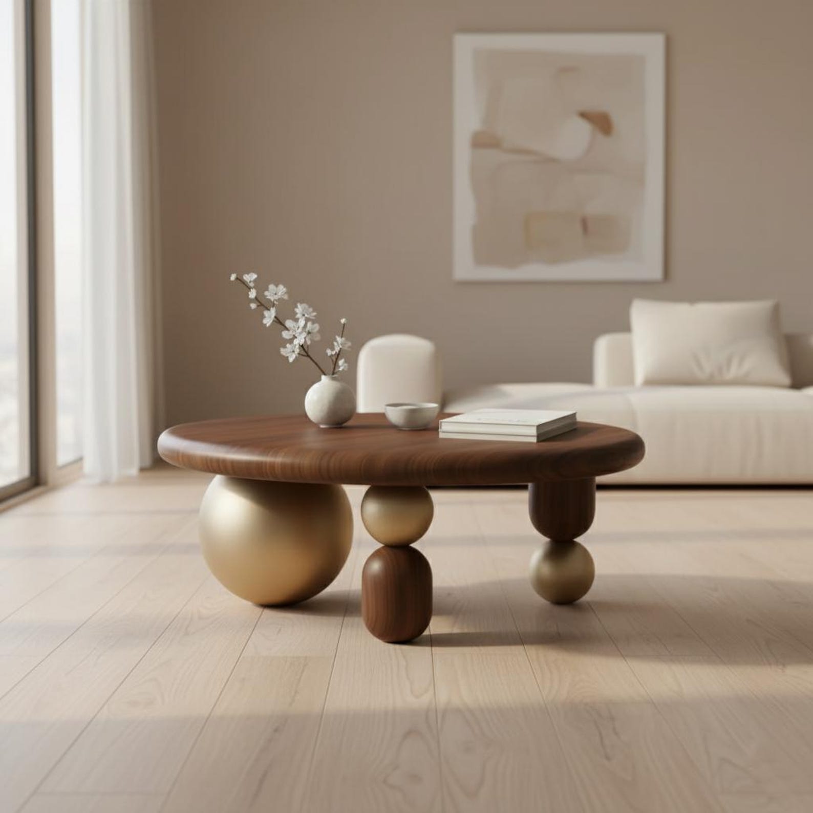 Modern Sculptural Coffee Table - Round Walnut Top and Matte Gold Ball ...