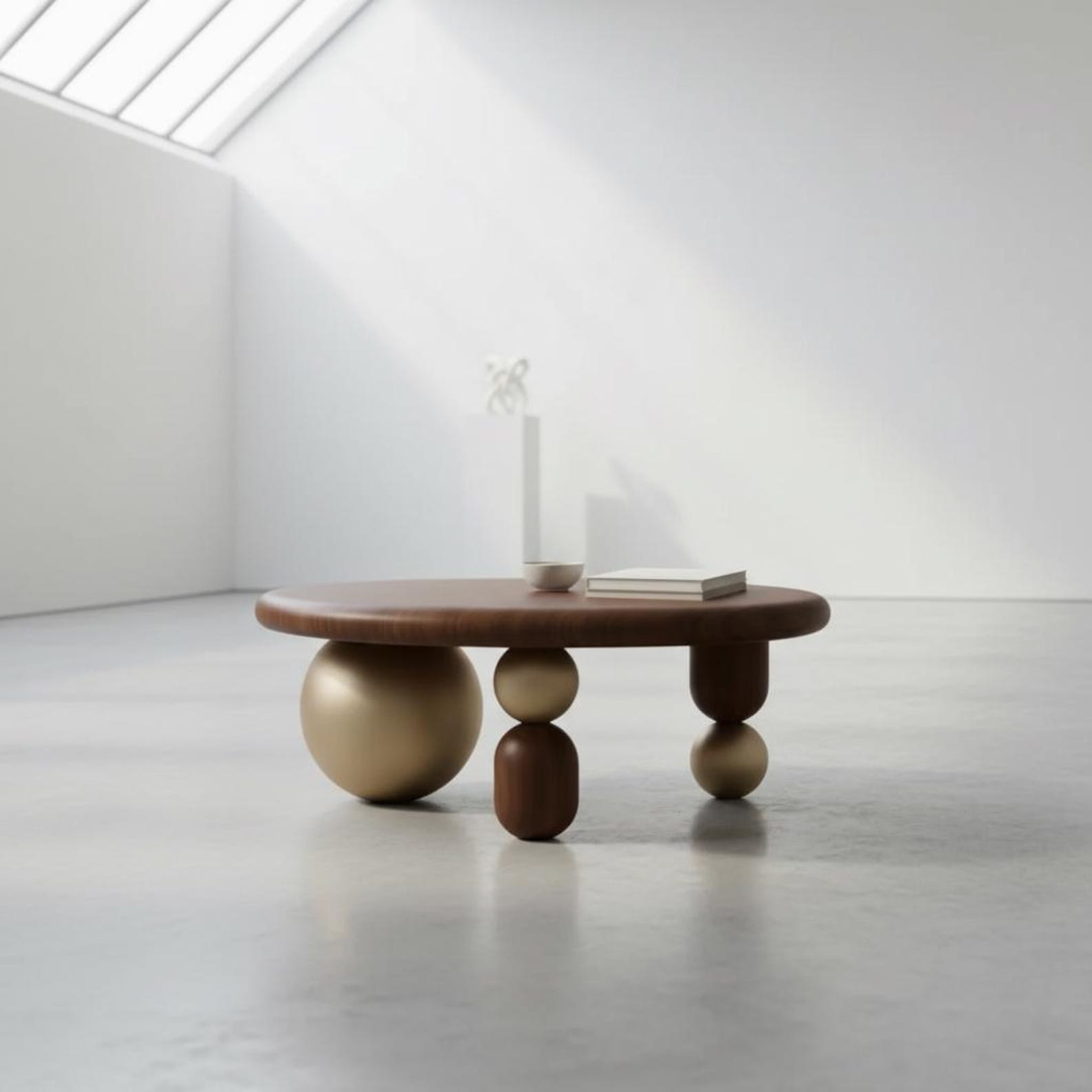 Modern Sculptural Coffee Table - Round Walnut Top and Matte Gold Ball ...